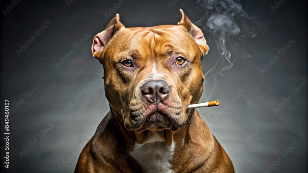 A fierce pit bull dog with a cigarette in its mouth, aggressive ...