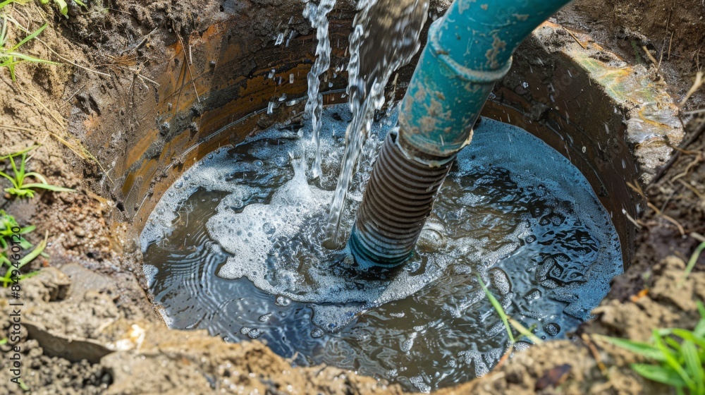 pumping out sewage from a cesspool using a pumping hose. hose from a ...