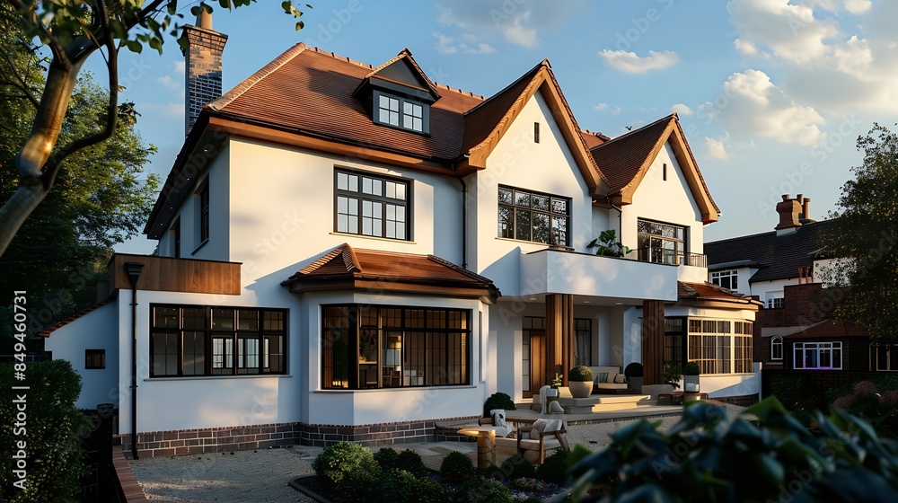 UK house exterior with wooden casement window and white wall rendering ...