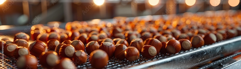 Hazelnuts moving along a conveyor system in a modern factory, closeup ...