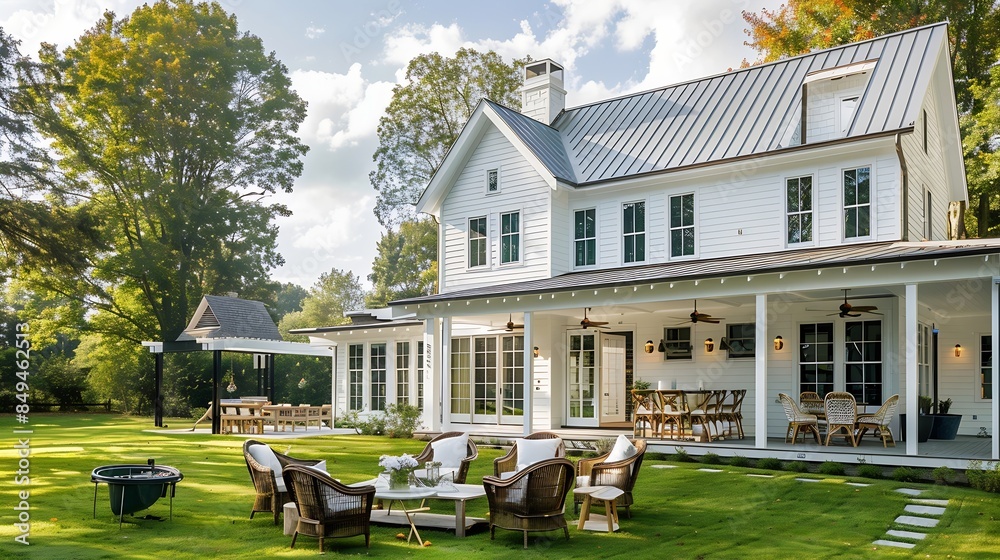 Exterior of a large modern farmhouse home white siding large front ...