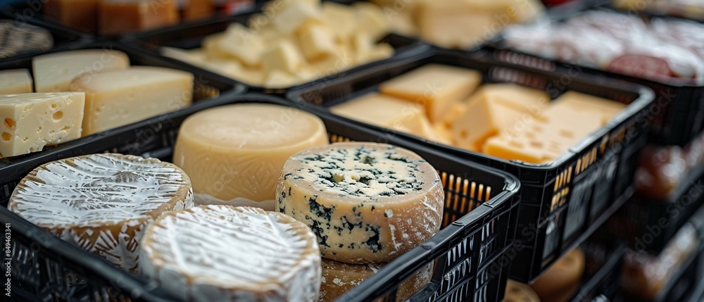 Assorted cheeses stacked in black crates, detailed view of the smooth ...