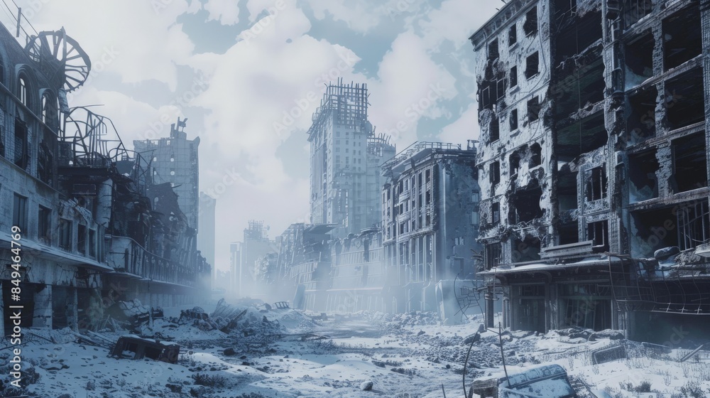 Eerie depiction of a post-apocalyptic cityscape with crumbling buildings and deserted streets ...