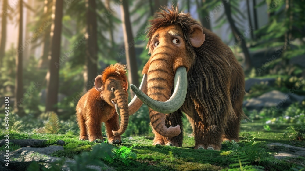 Vector illustration cartoon 3D rendering of a mammoth and its cub ...
