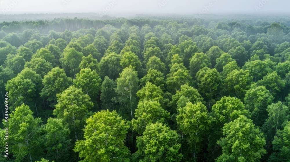 Foto de A breathtaking aerial view of a dense, vibrant green forest with trees covered in thick ...