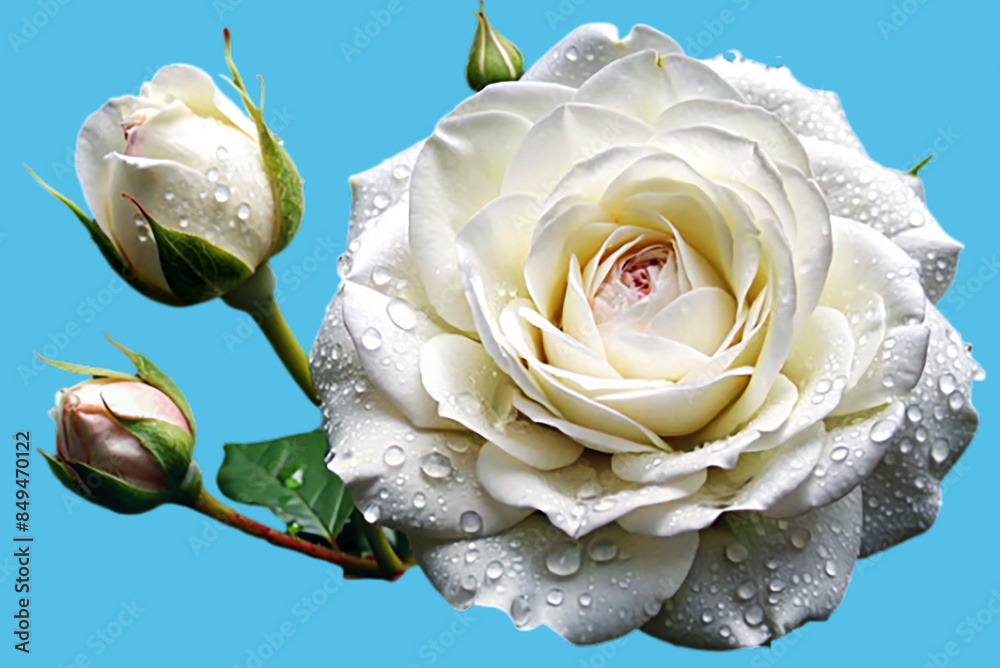 A beautiful, mature Samourai Gallica rose alongside an unopened rosebud with dew drops on its ...