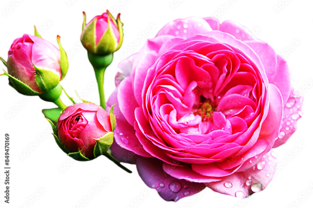 A beautiful, mature Samourai Gallica rose alongside an unopened rosebud ...