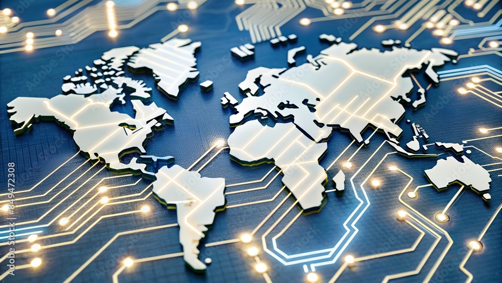 stylized illustration of the world map made up of digital circuits ...
