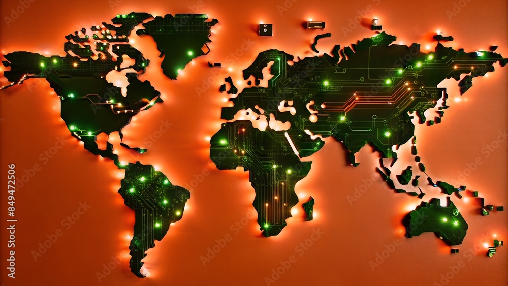 stylized illustration of the world map made up of digital circuits ...