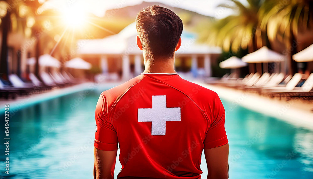 Close-up and back view of a male lifeguard dressed in red uniform ...