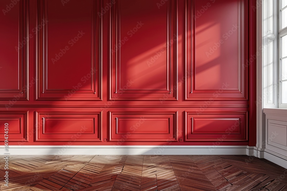 Modern classic red color empty interior with wall panels, white ...