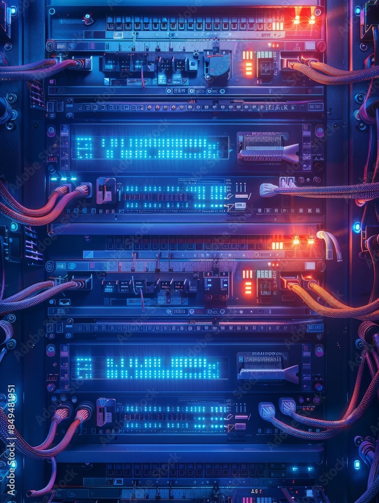 network equipment, switch hub and cables, blue lights, technology and ...