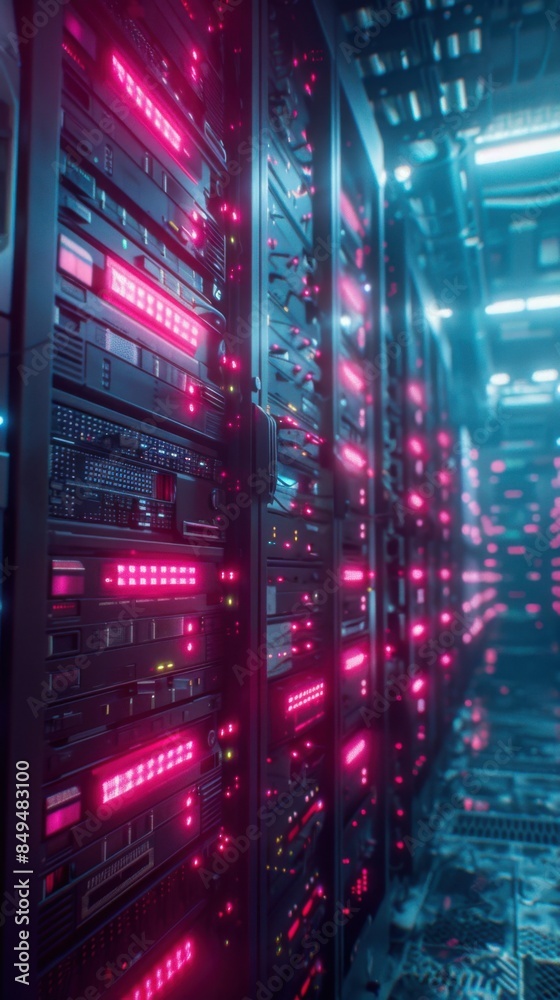 A cinematic shot of a network switch in a server room, illuminated by ...