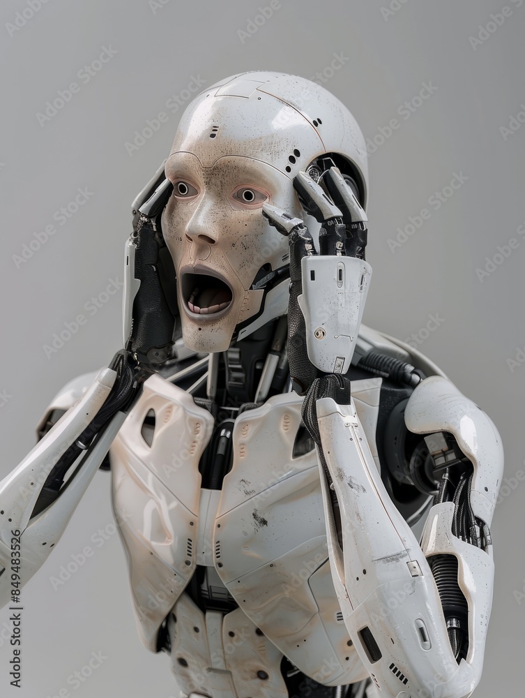 Surprised humanoid robot emotions look, hands holding his head in shock ...