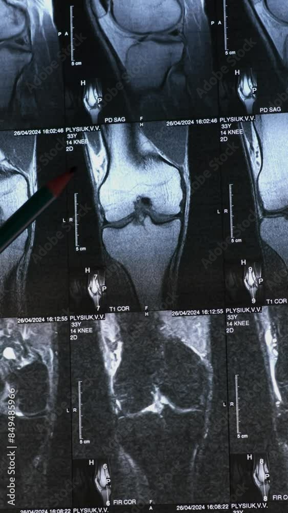 Vertical footage of a Bone knee tumor. X-ray and MRI, MRT, CT with ...