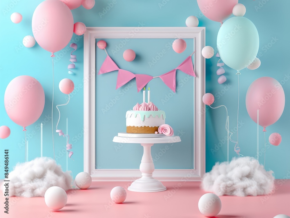 stockphoto, birthday photo frame template with balloons and cake ...