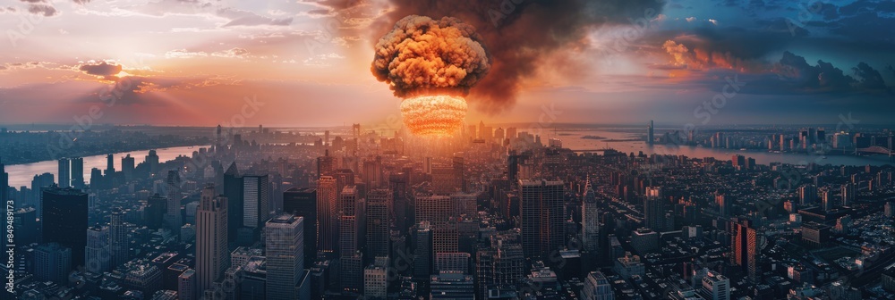 Nuclear explosion in a big city with fire mushroom cloud. Apocalyptic ...