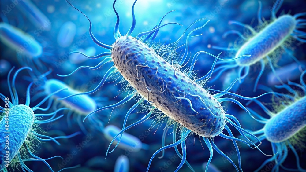 ภาพประกอบสต็อก Blue bacterium with multiple flagella on a blue ...