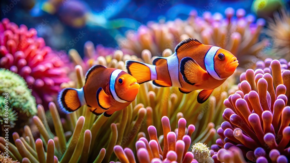 Pair of clownfish swimming in colorful coral reef habitat, clownfish ...