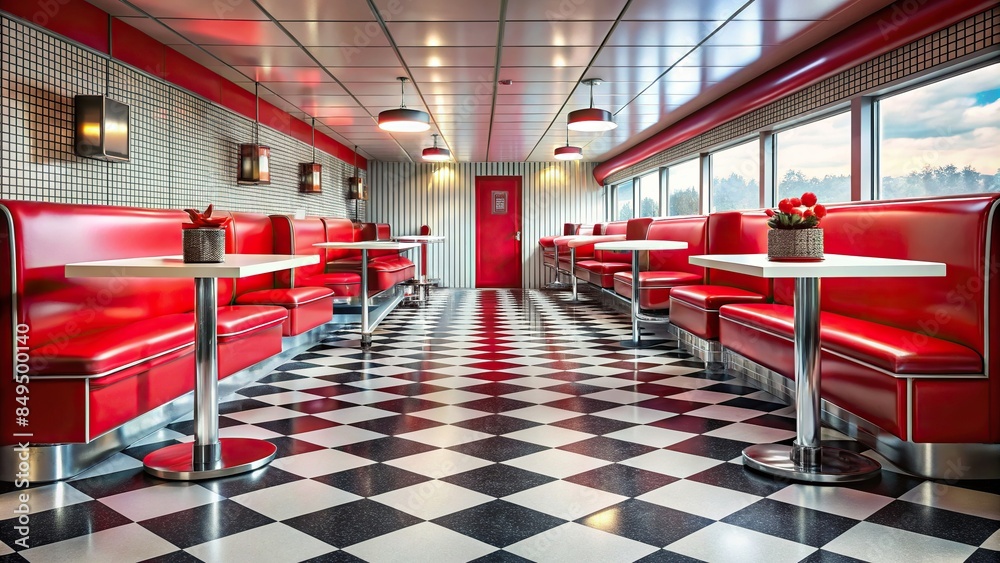Classic American diner interior with red seats and checkered floor ...