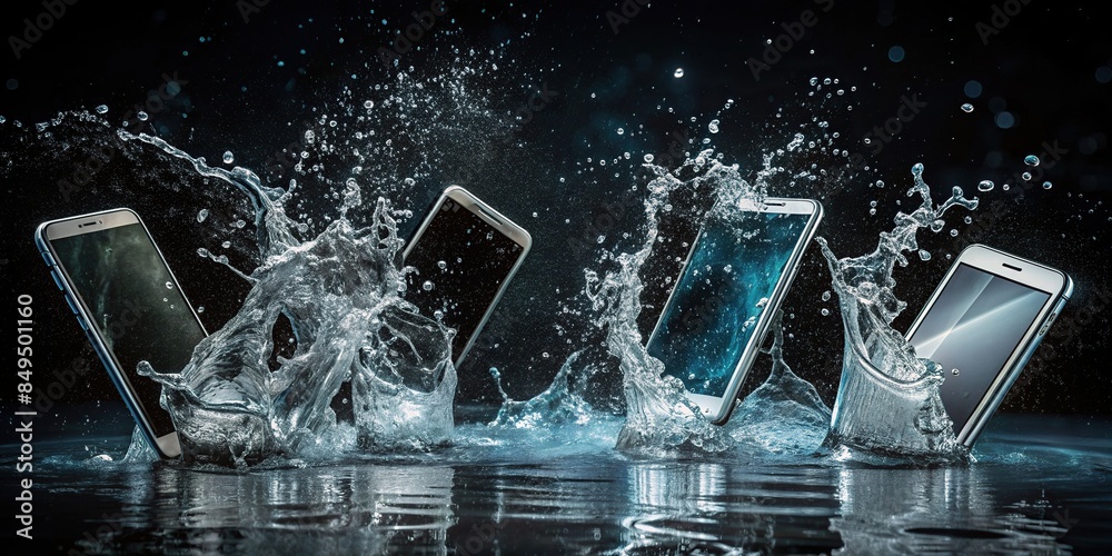 Smartphones falling into water with splashes and bubbles, dark ...