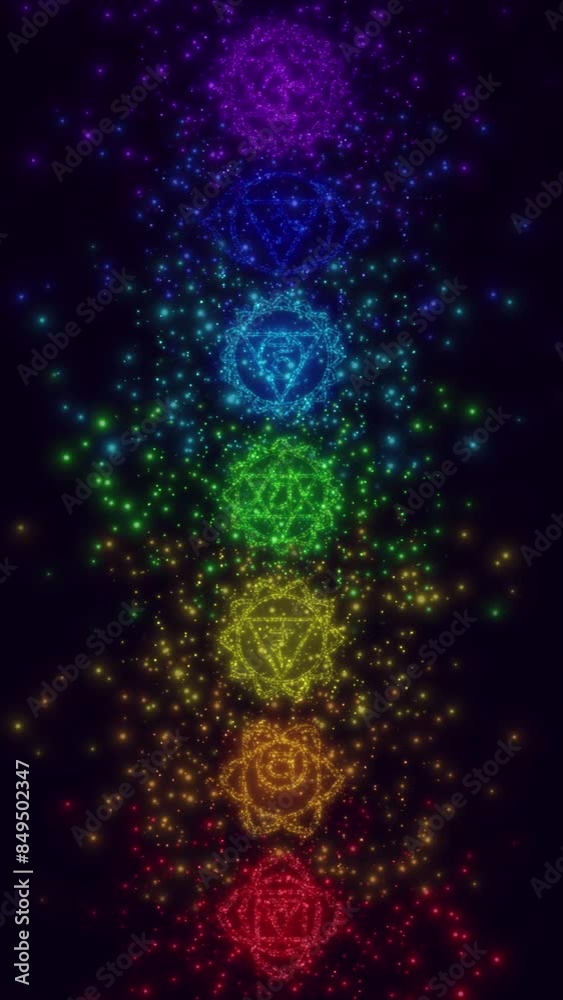 cyclic 3D rendering. chakras in esotericism. the glowing particles ...