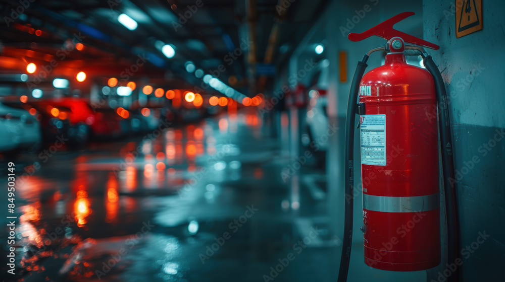 A vibrant red fire extinguisher is mounted on the wall of an ...