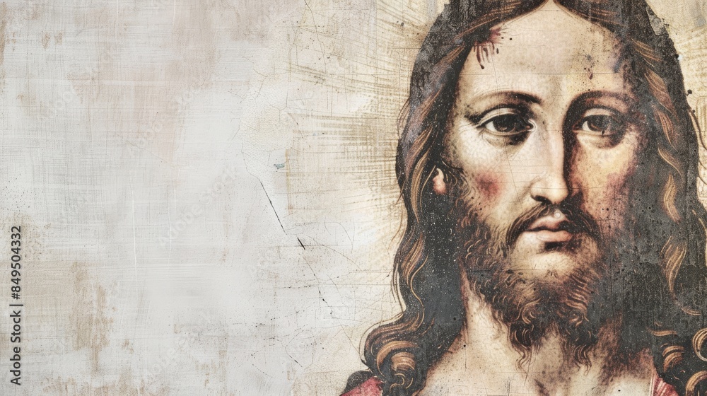 A classic Catholic art portrait of Jesus, shown head-on with a white ...