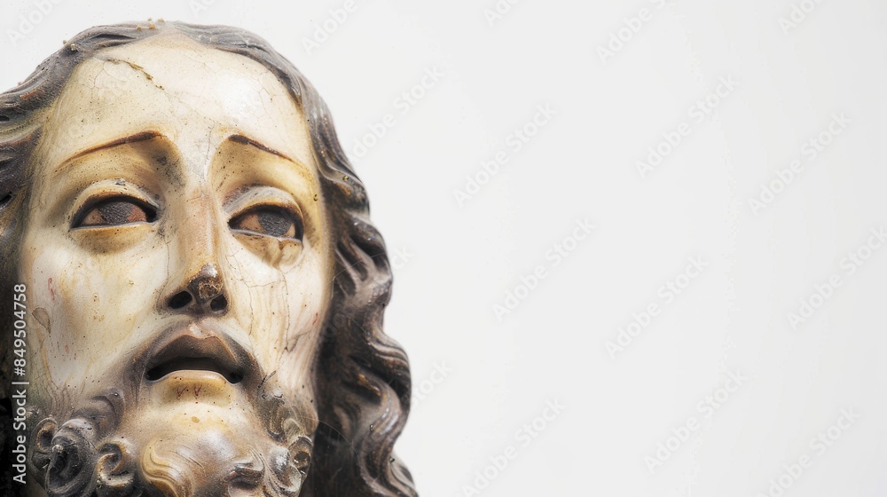 An old Catholic art portraiture of Jesus, depicted head-on against a ...