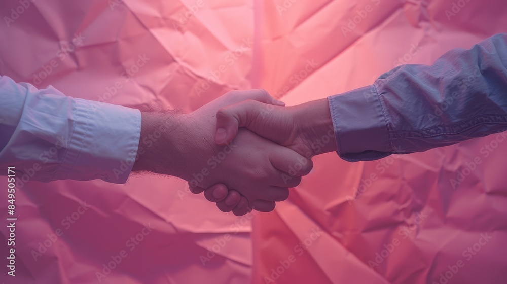 Two people of different skin tones shaking hands over a crumpled pink ...
