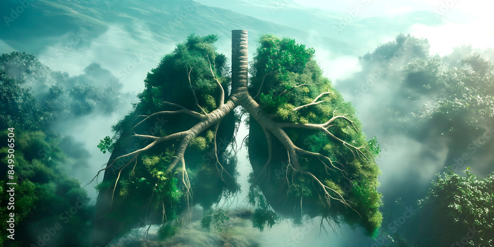 Forest canopy forming human lungs, emphasizing the symbiotic ...
