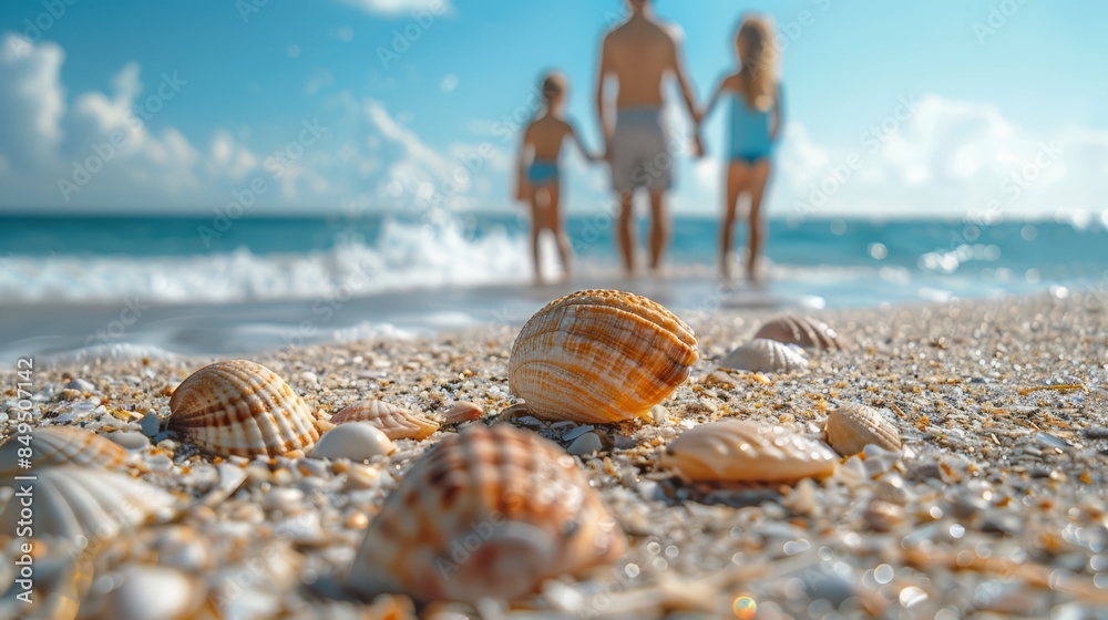 Family exploring a beach with seashells, sand, and a clear sky ...