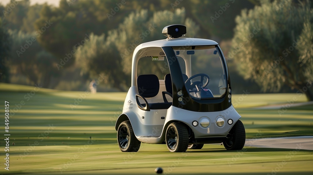 An autonomous golf cart traverses the course, equipped with sensors to ...