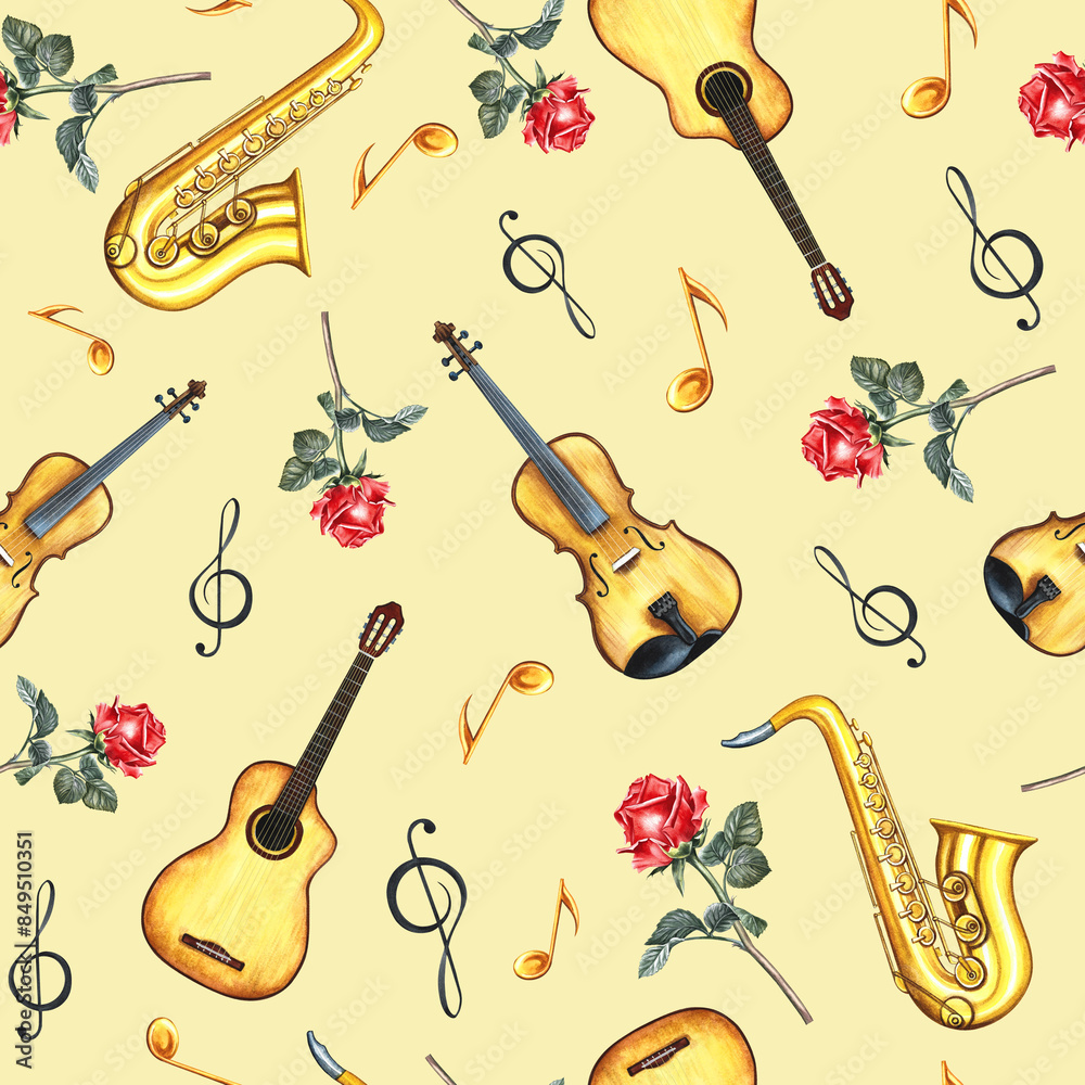 Musical seamless pattern with musical instruments, guitars, violins and ...
