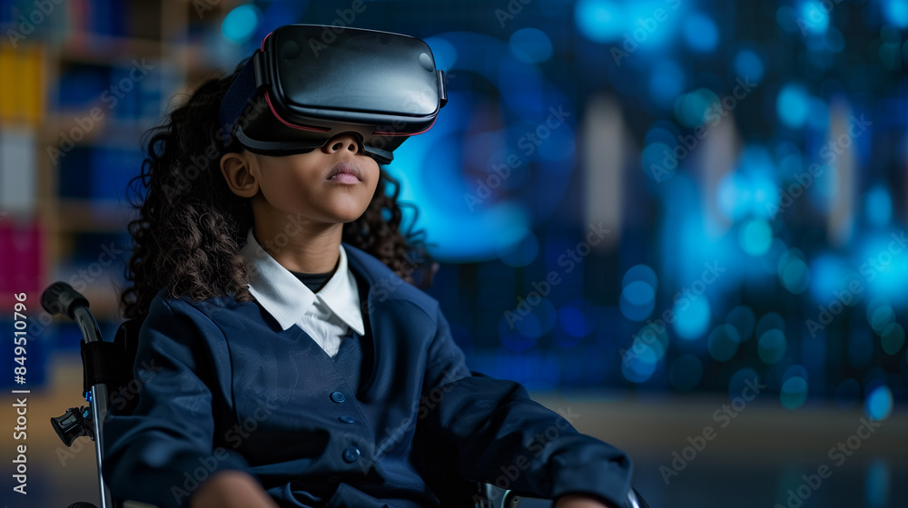 Disabled school student with VR headset using AI artificial ...