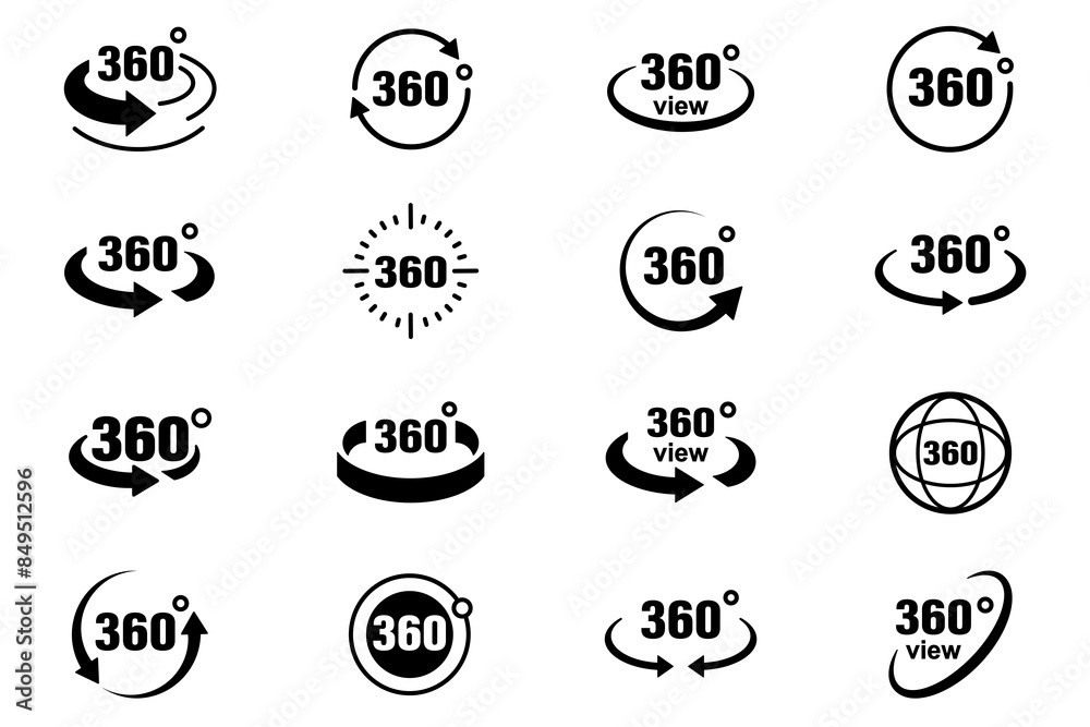 360 degrees arrow, rotate around set icon. Circle signs vertical ...