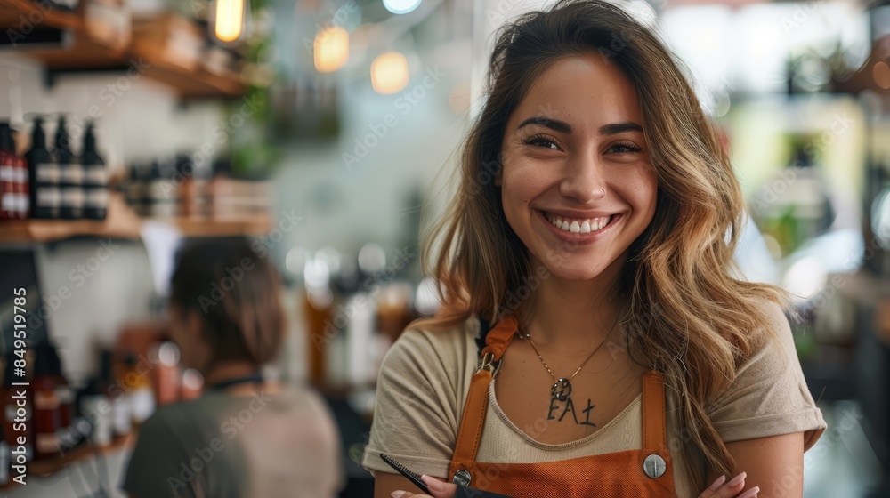 happy hair stylist in a trendy salon, expertly cutting hair with a ...