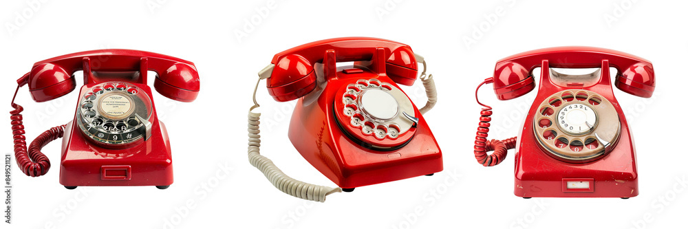 Set of A retro red landline phone with a handset next to a rotary dial ...