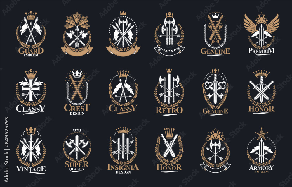 Vintage weapon vector logos or emblems, heraldic design elements big ...