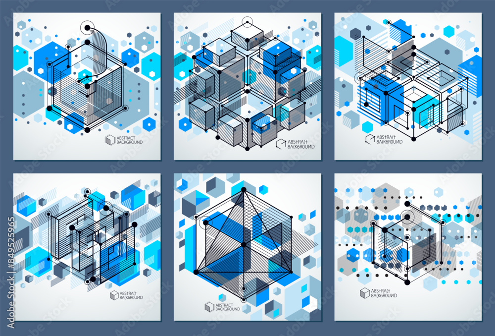 Lines and shapes abstract vector isometric 3D blue backgrounds set ...