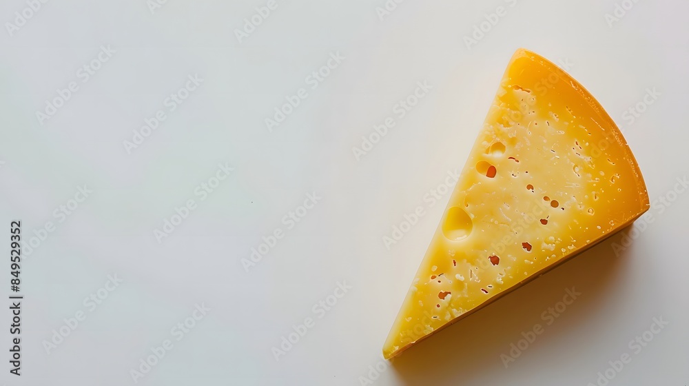 Slice of yellow cheese on a white background. Flat lay composition with ...