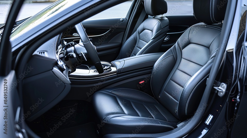Elegant interior of a modern luxury car, accented by black leather ...