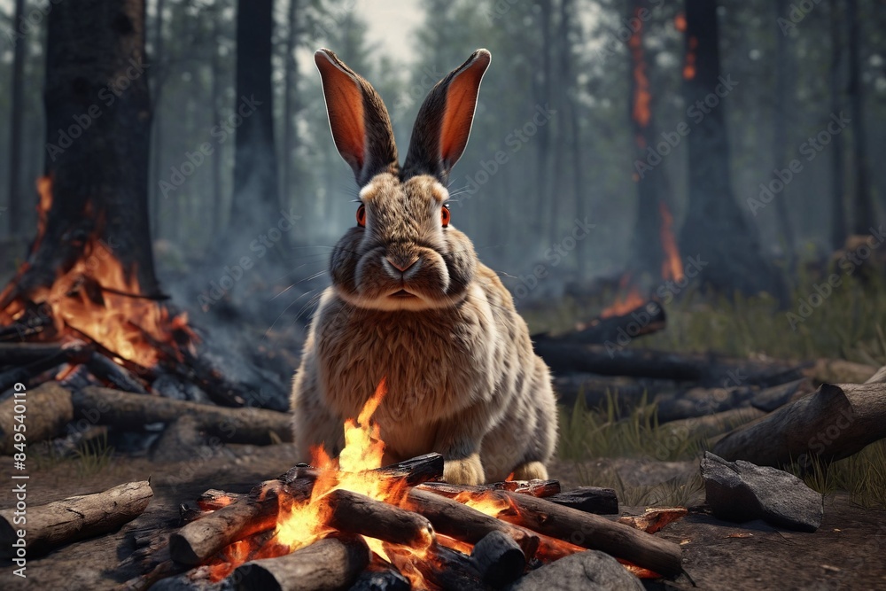 A rabbit is trapped in a fire of a burning forest. A rabbit fell into a ...