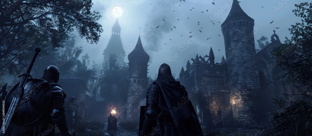 Horror castle building misty horror in game player scene Background ...