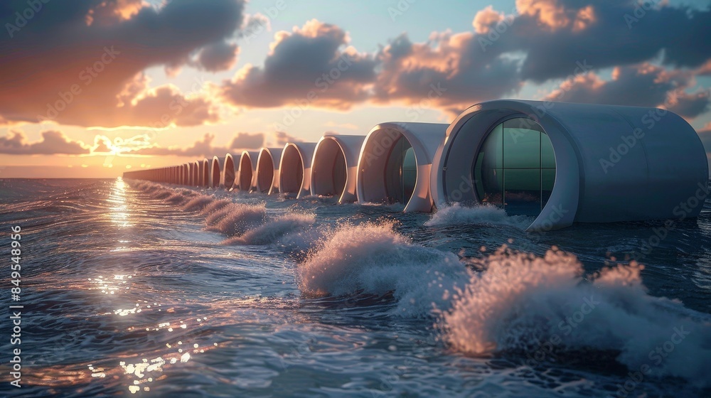 A row of wave energy collectors floats in the ocean at sunset ...