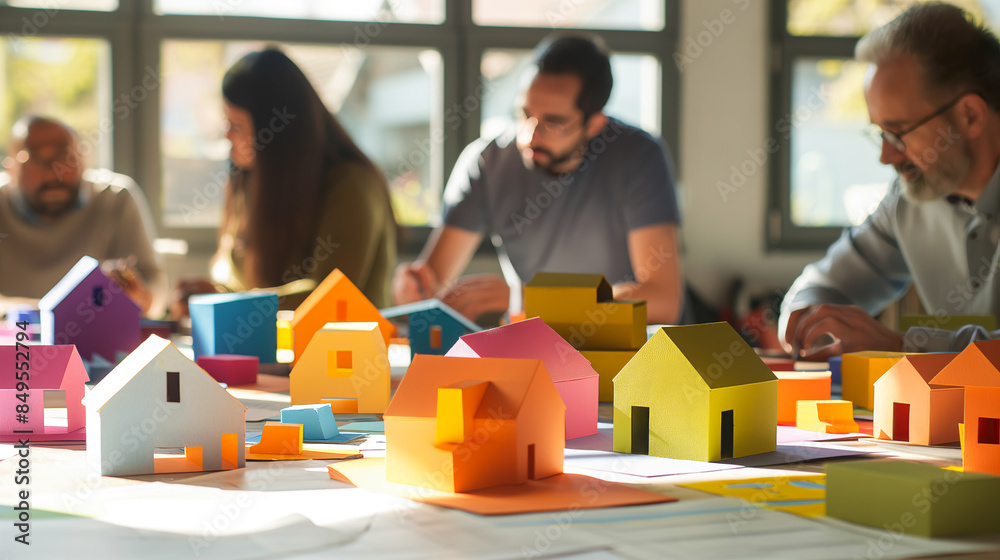 Architectural design team collaborating over table with various colored ...