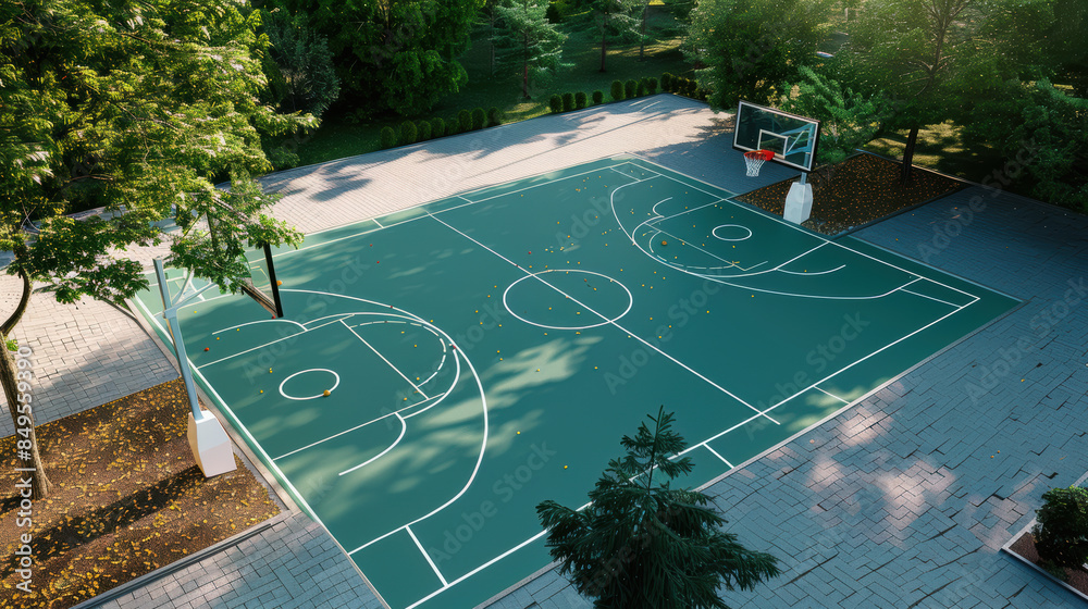 An overhead view of a modern basketball court surrounded by trees ...