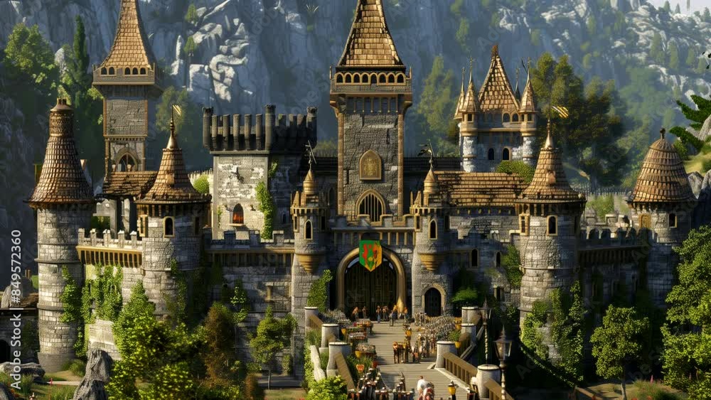 Seamless looping animation of a medieval castle background with birds ...