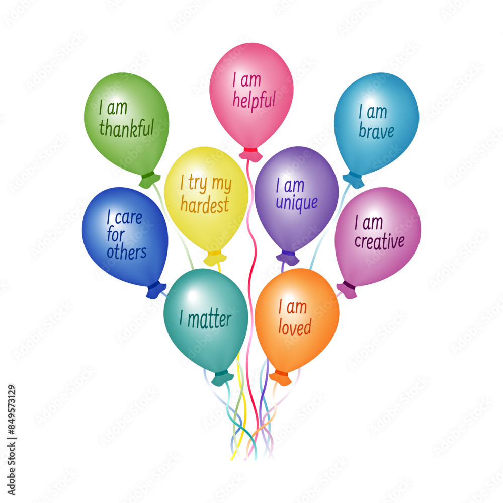 Set of vector colorful balloons with positive affirmations isolated on ...