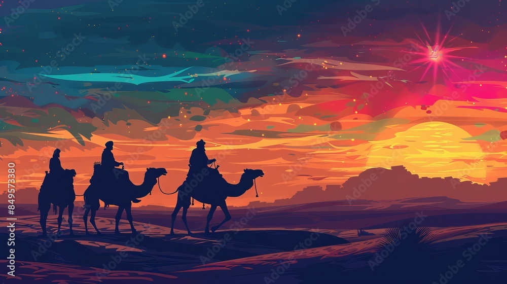 Stylized depiction of camels crossing the desert with a vibrant sunset ...